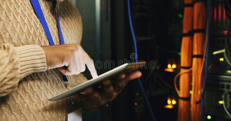 Hands, Person and Database on Tablet in Server Room for Software ...