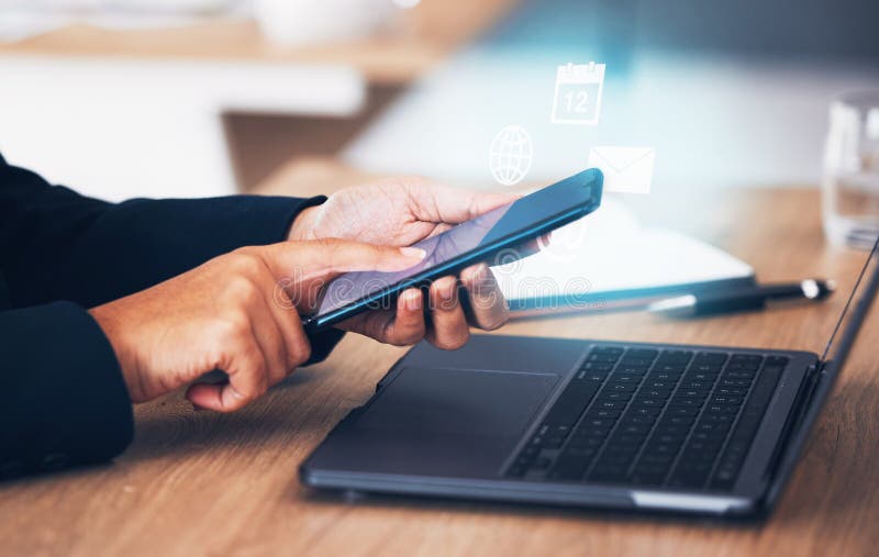 Hands, Person and Phone with Overlay and Laptop for Digital ...