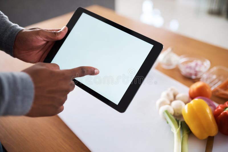 Hands, Person and Tablet Screen for Cooking in Kitchen with Vegetables ...