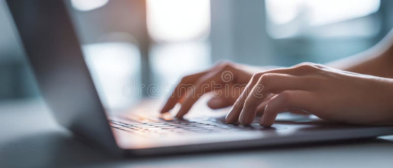 The Hands of a Person Typing on a Laptop in a Modern Workspace. AI Generated Image Stock Image ...