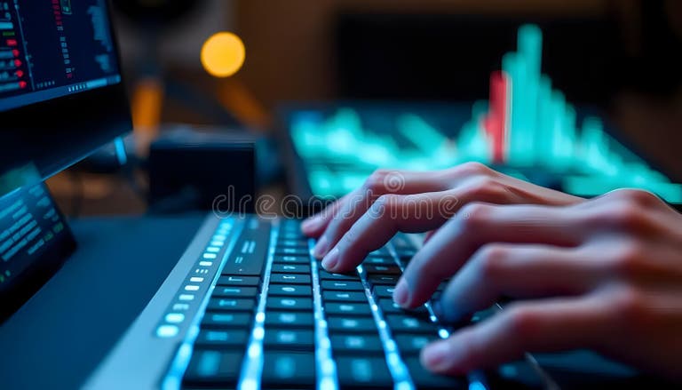 Hands of a Person Using a Computer at Night Time Stock Illustration ...