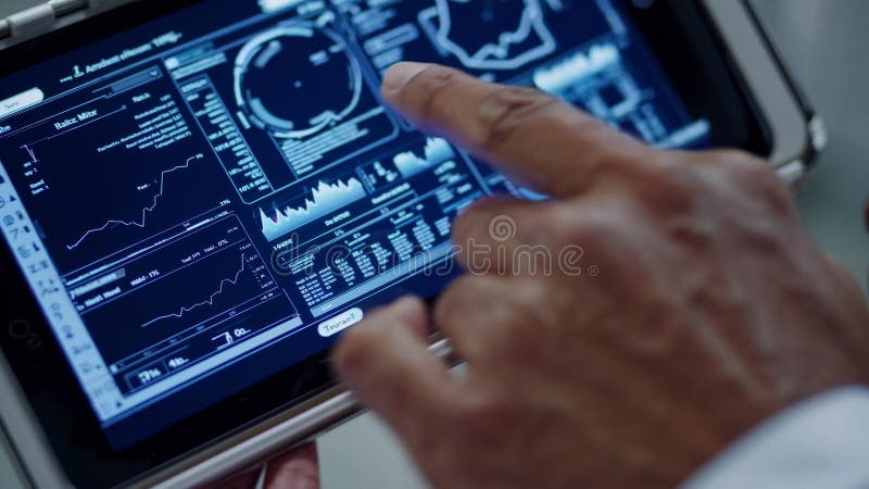 Hands Person White Lab Coat Performing Data Analysis Tablet. Tablet ...