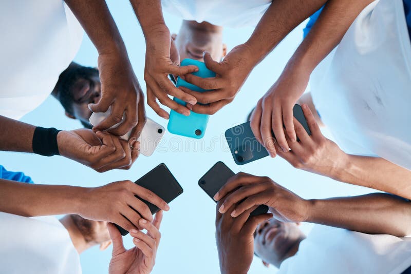 Hands, Phone and App with People in a Huddle or Circle for ...