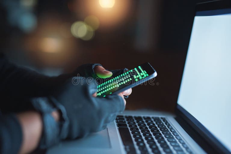 Hands, Phone and Hacker on Laptop at Night for Hacking Software ...