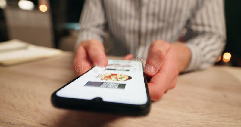Hands, Phone and Man Scroll on Menu with Online Restaurant Order for ...
