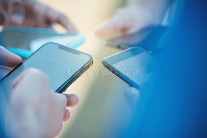 Hands, Phone and Networking with People in a Huddle or Circle for ...