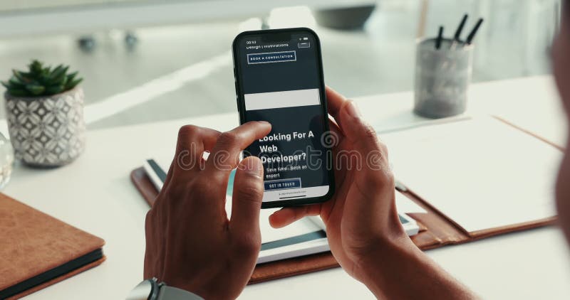 Hands, Phone Screen and Web Developer at Office with Application ...