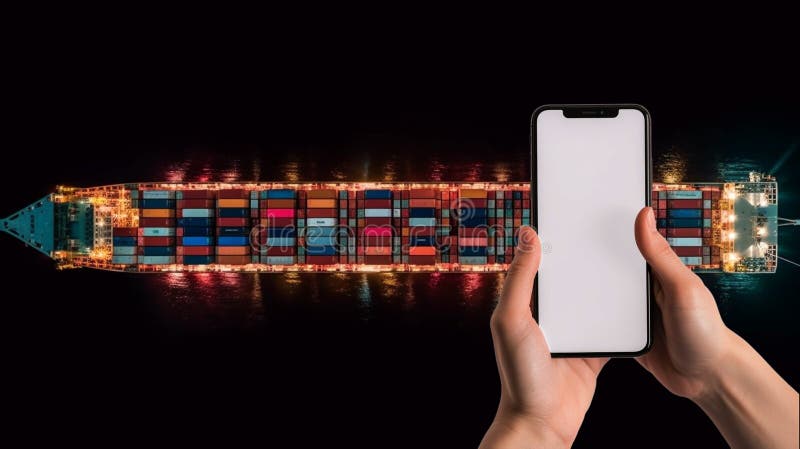 Hands with Phone and Ship Cargo. Ai Generative. Stock Illustration ...
