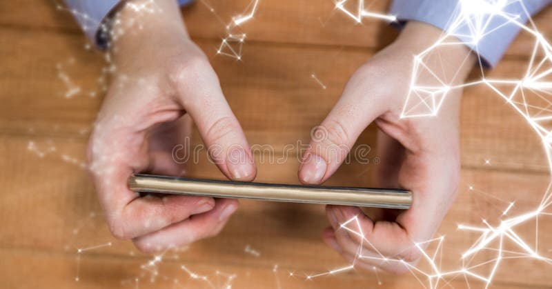 Hands with Phone and White Network Overlay Stock Photo - Image of ...
