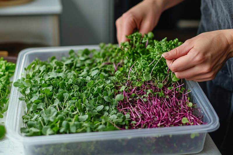Hands Picking Fresh Microgreens from a Container. Eco Stock Photo ...