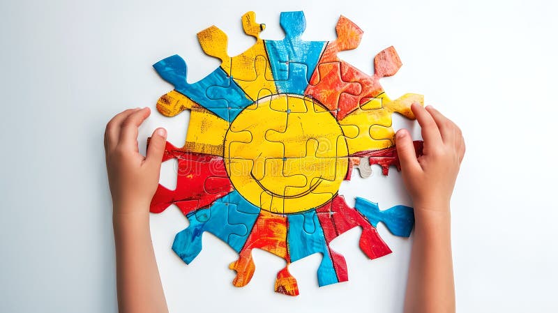 Child S Hands Assembling Colorful Puzzle Pieces into a Sun Design on a ...