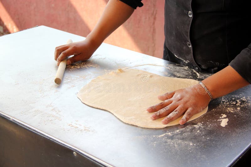 Hands of Pizza Maker Man Kneads Dough, Prepares and Shapes for Pizza ...