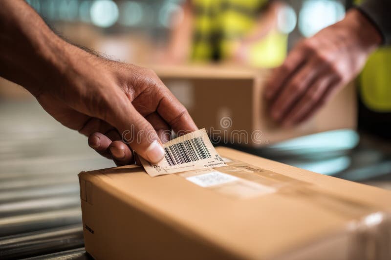 Hands Placing Barcode Label on Parcel in Warehouse during Busy ...