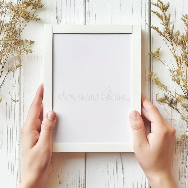 Hands Placing Blank Photo Frames on Wall for Mockup Stock Illustration ...