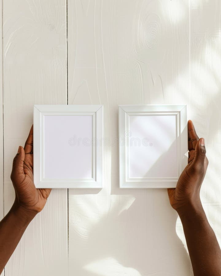 Hands Placing Blank Photo Frames on Wall for Mockup Stock Illustration ...