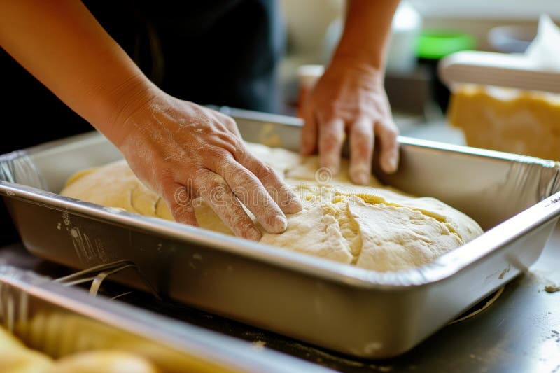 Hands Placing Dough into a Bread Pan for Proofing Stock Photo - Image ...