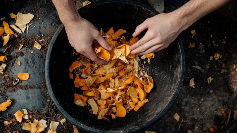 Hands Placing Fruit Peels into Composting Bin for Organic Waste Stock ...