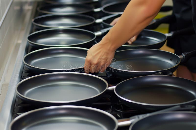Hands Placing Nonstick Frying Pans in Row Stock Image - Image of pans ...