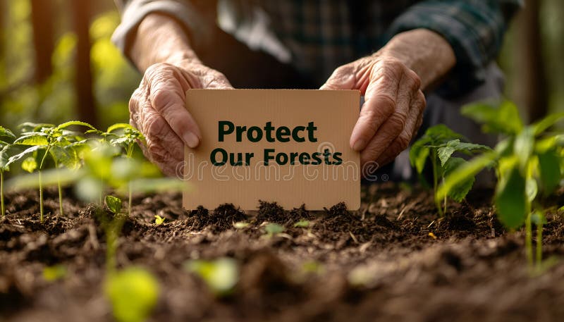 Hands Placing Sign Reading Protect Our Forests in Ground Surrounded by ...