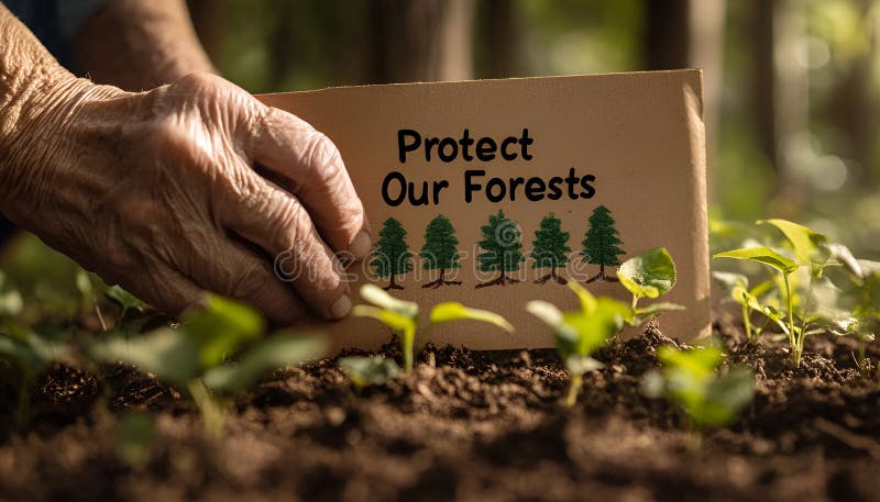 Hands Placing Sign Reading Protect Our Forests in Ground Surrounded by ...