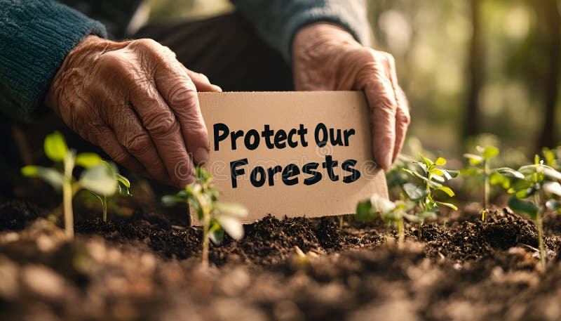 Hands Placing Sign Reading Protect Our Forests in Ground Surrounded by ...