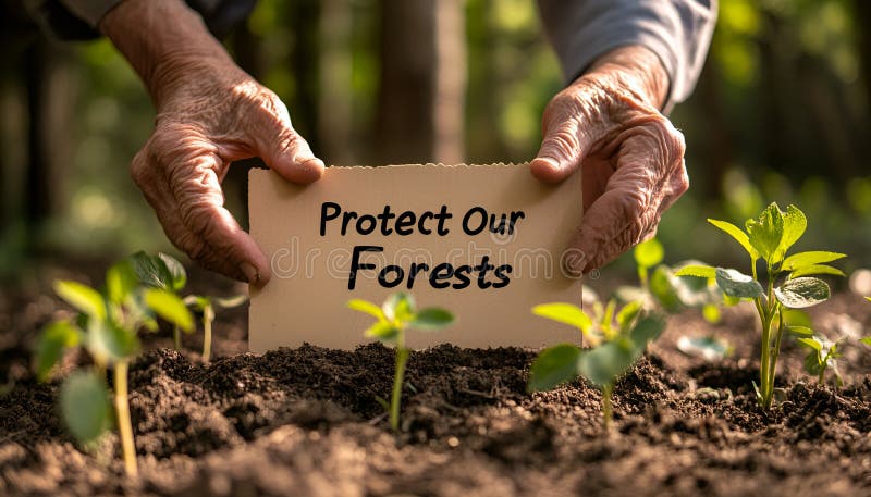 Hands Placing Sign Reading Protect Our Forests in Ground Surrounded by ...