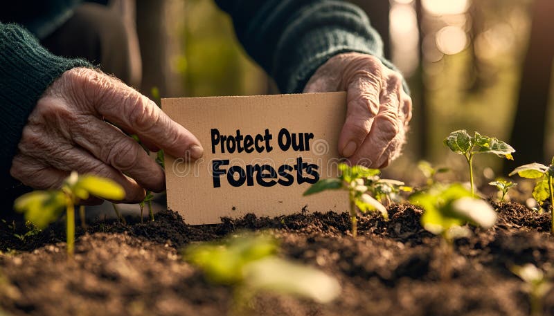 Hands Placing Sign Reading Protect Our Forests in Ground Surrounded by ...