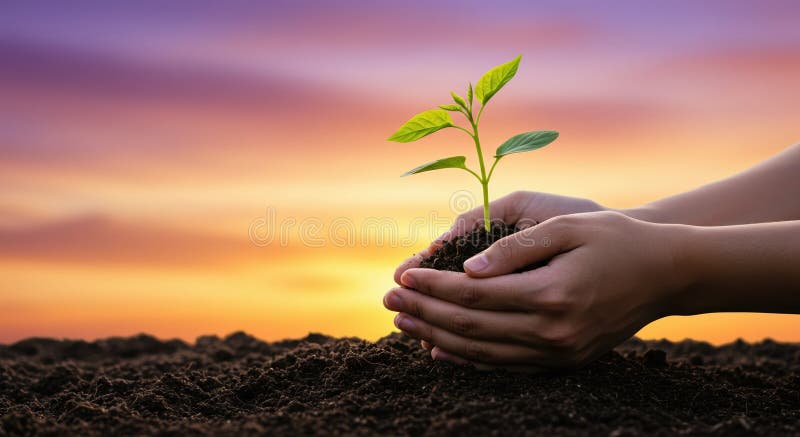 Hands Plant Seedling, Sunset Sky, Symbol of Hope. Future Hope, Bright ...