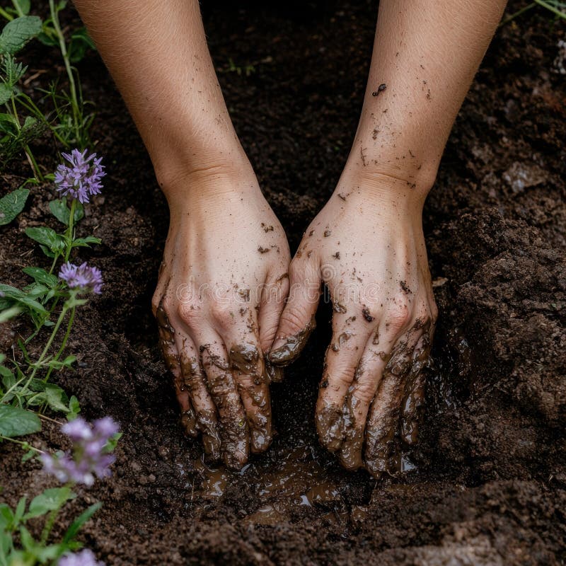 Hands Planting in the Mud with Flowers Stock Illustration ...