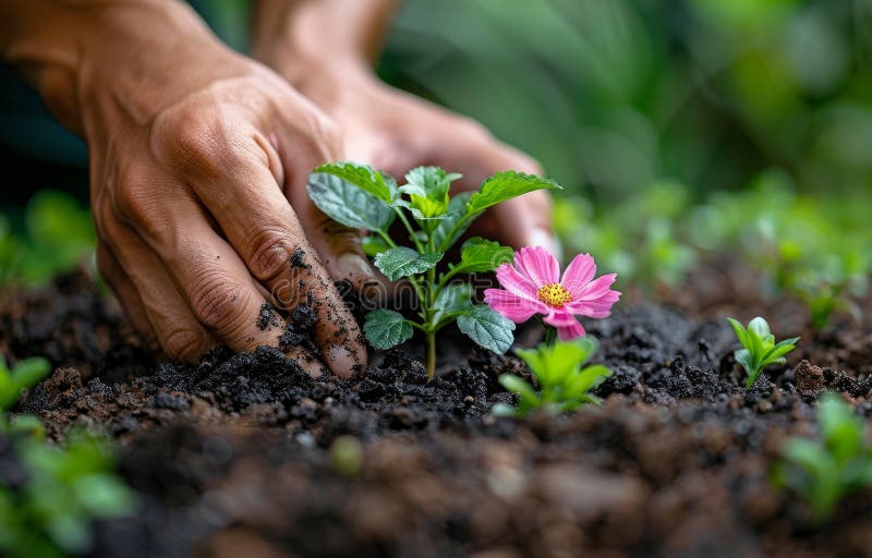 Hands Planting Pink Flower in the Soil Stock Illustration ...