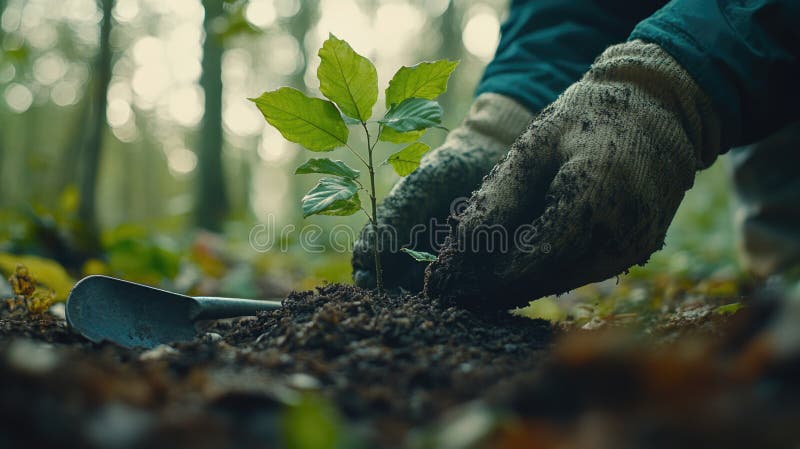 Hands Planting Sapling in Forest with Gardening Gloves Stock Photo - Image of gloves, foliage ...