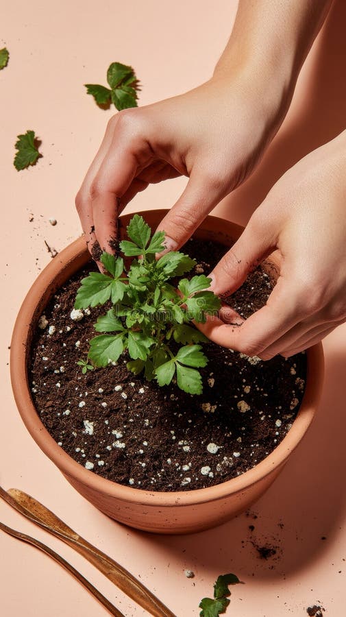 Hands Planting Seedling in Pot with Gardening Tools on Beige Background ...