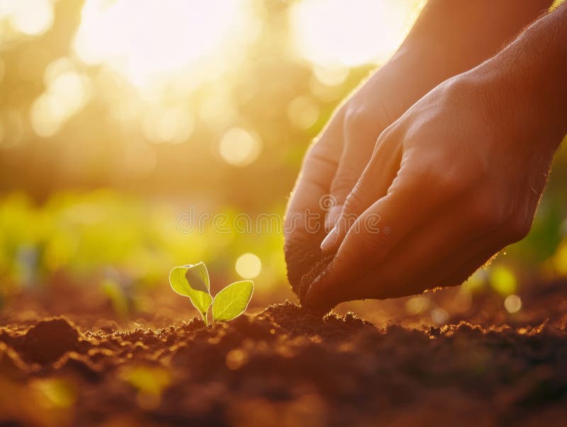 Hands Planting Seedling in Warm Sunset Light Stock Illustration ...