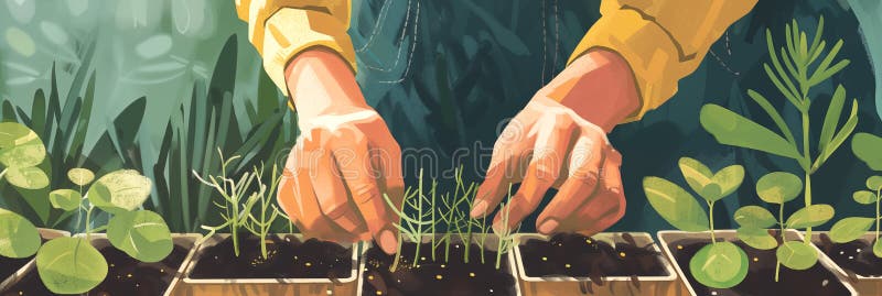 Hands Planting Seedlings in Soil, Gardening in Progress Banner ...