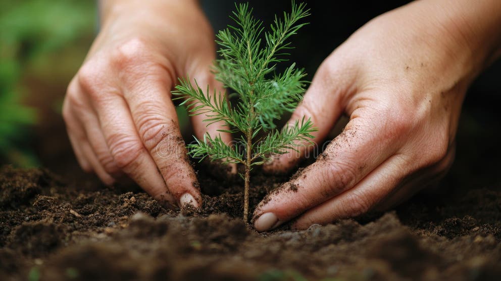 Hands Planting a Small Tree Sapling in Soil Stock Illustration ...