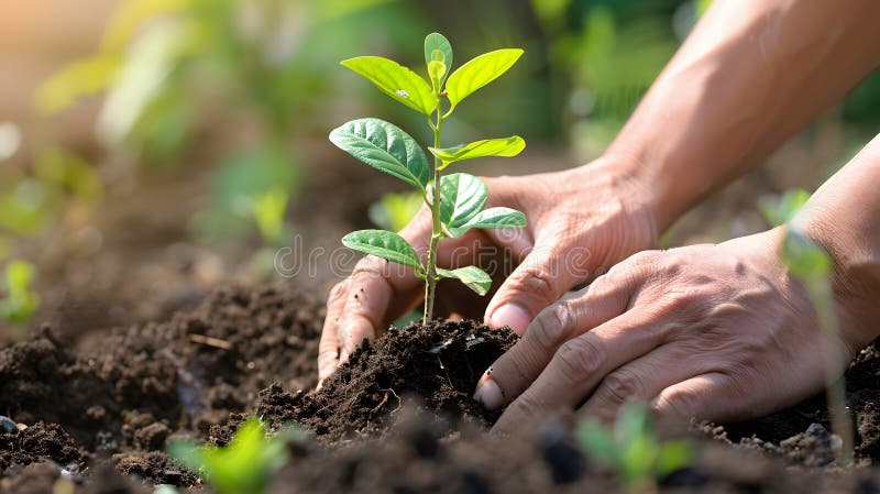 Hands Planting a Small Tree Sapling in Soil Stock Illustration ...