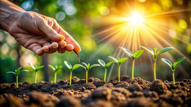 Hands Planting Tiny Seedlings in Rows with Each Seedling Catching a ...