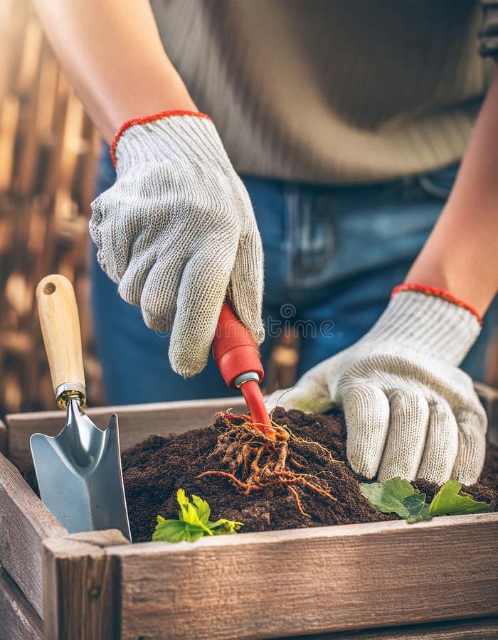 Hands Planting with Tools in Soil, Nurturing Growth Stock Illustration ...