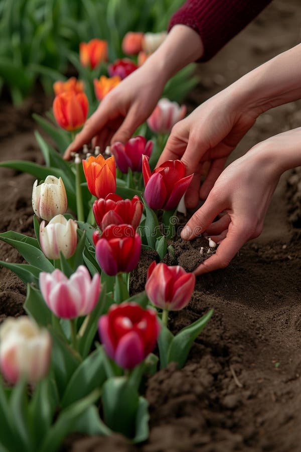 Hands Planting Tulip Bulbs in Soil Spring Gardening Stock Image - Image ...