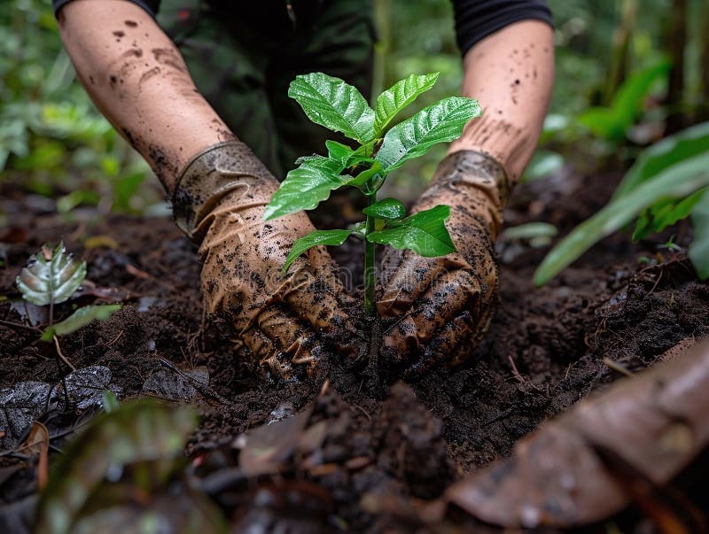 Hands Planting a Young Coffee Sapling in Rich Soil Surrounded by ...