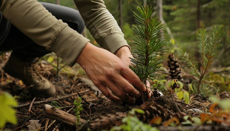 Hands Planting a Young Conifer Tree in a Forest, Symbolizing Growth and ...