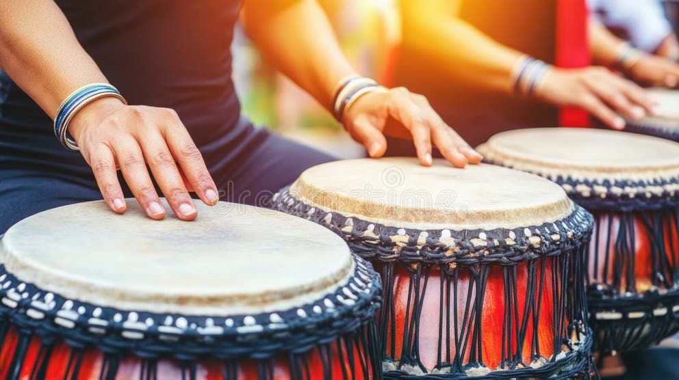 Hands Playing African Drums Outdoors with Sunlight Stock Photo - Image ...