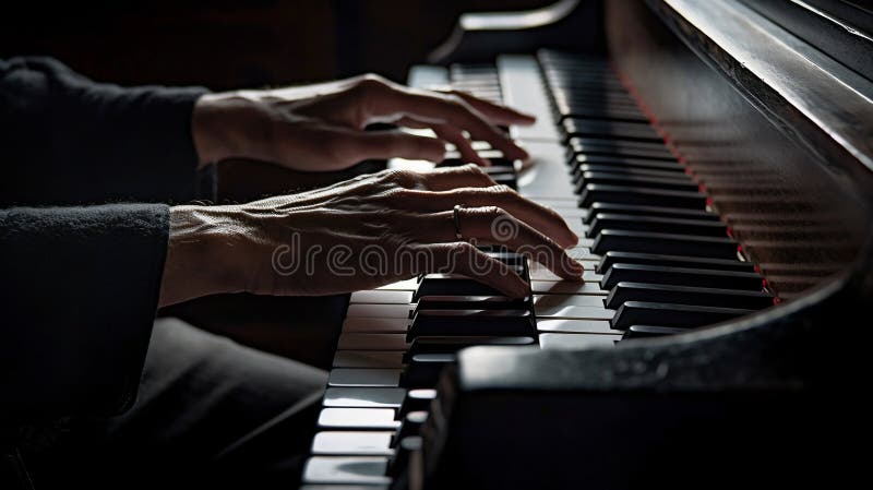 Hands Playing a Grand Piano Closeup with a Dramatic Interplay of Light ...