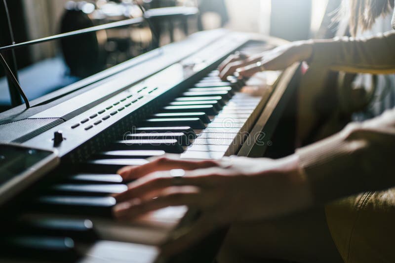 Hands Playing Keyboard in Music Studio Stock Photo - Image of workspace ...