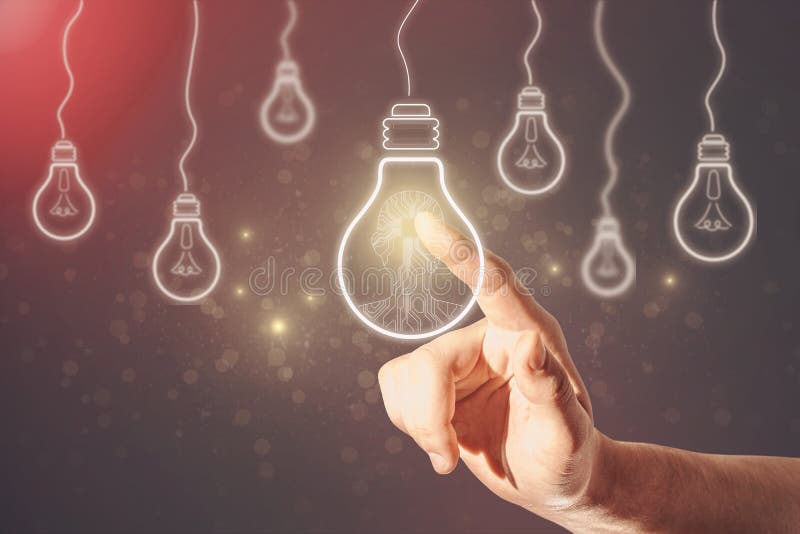 Hands Pointing at Abstract Light Bulbs on Dark Background with Circuit ...