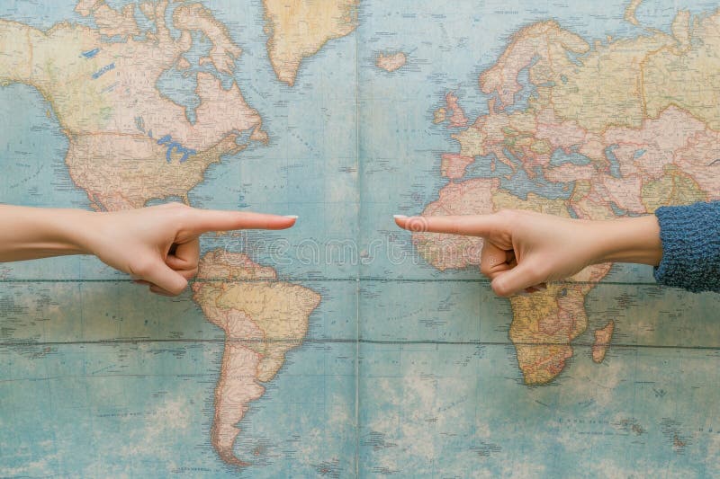 Hands Pointing in Opposite Directions Over a World Map Represent ...