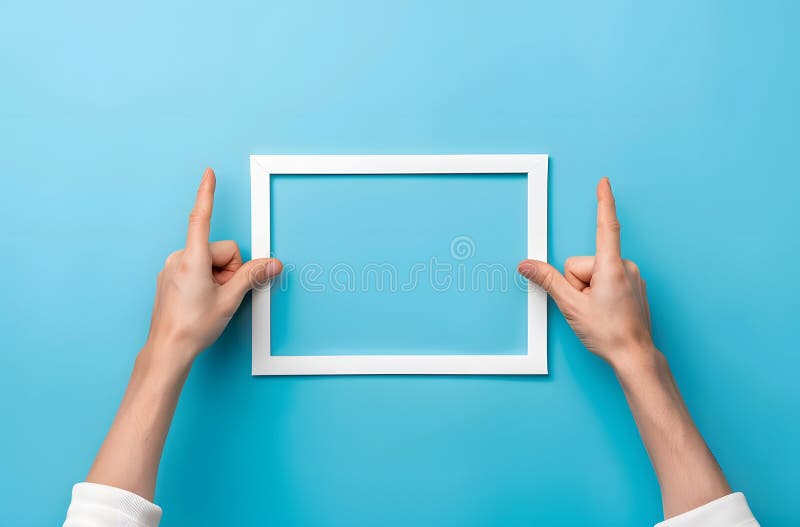 Hands Pointing To White Frame on Blue Stock Illustration - Illustration ...