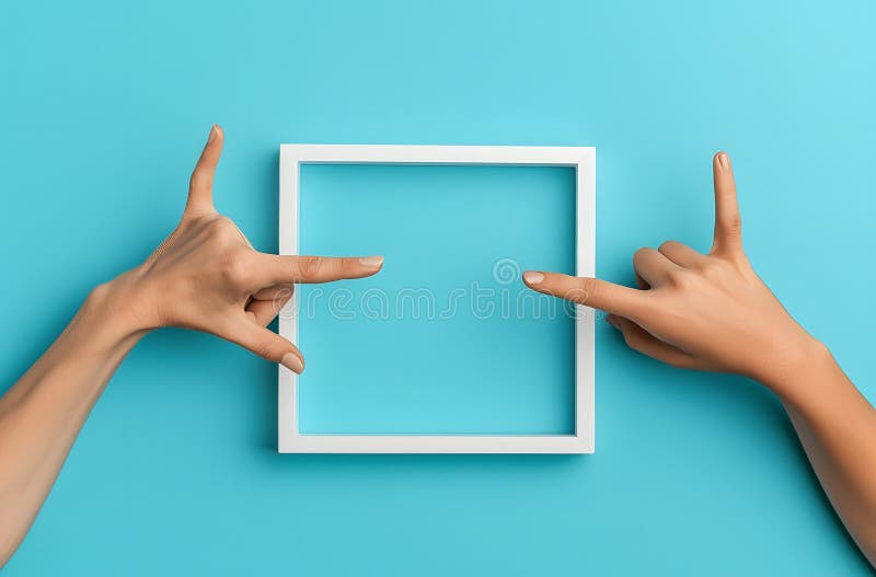 Hands Pointing at White Frame on Blue Background Stock Illustration ...