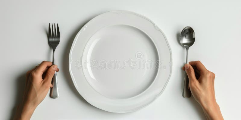 Hands Poised To Eat at a Dining Table Set with a Plate, Fork, and Spoon ...