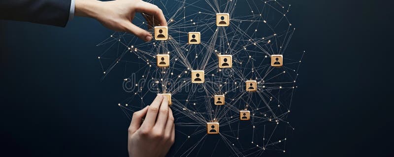 Hands Arranging Network of Connected User Icons on Dark Background ...